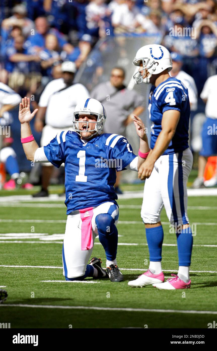 Indianapolis Colts holder Pat McAfee celebrates a field goal by kicker ...
