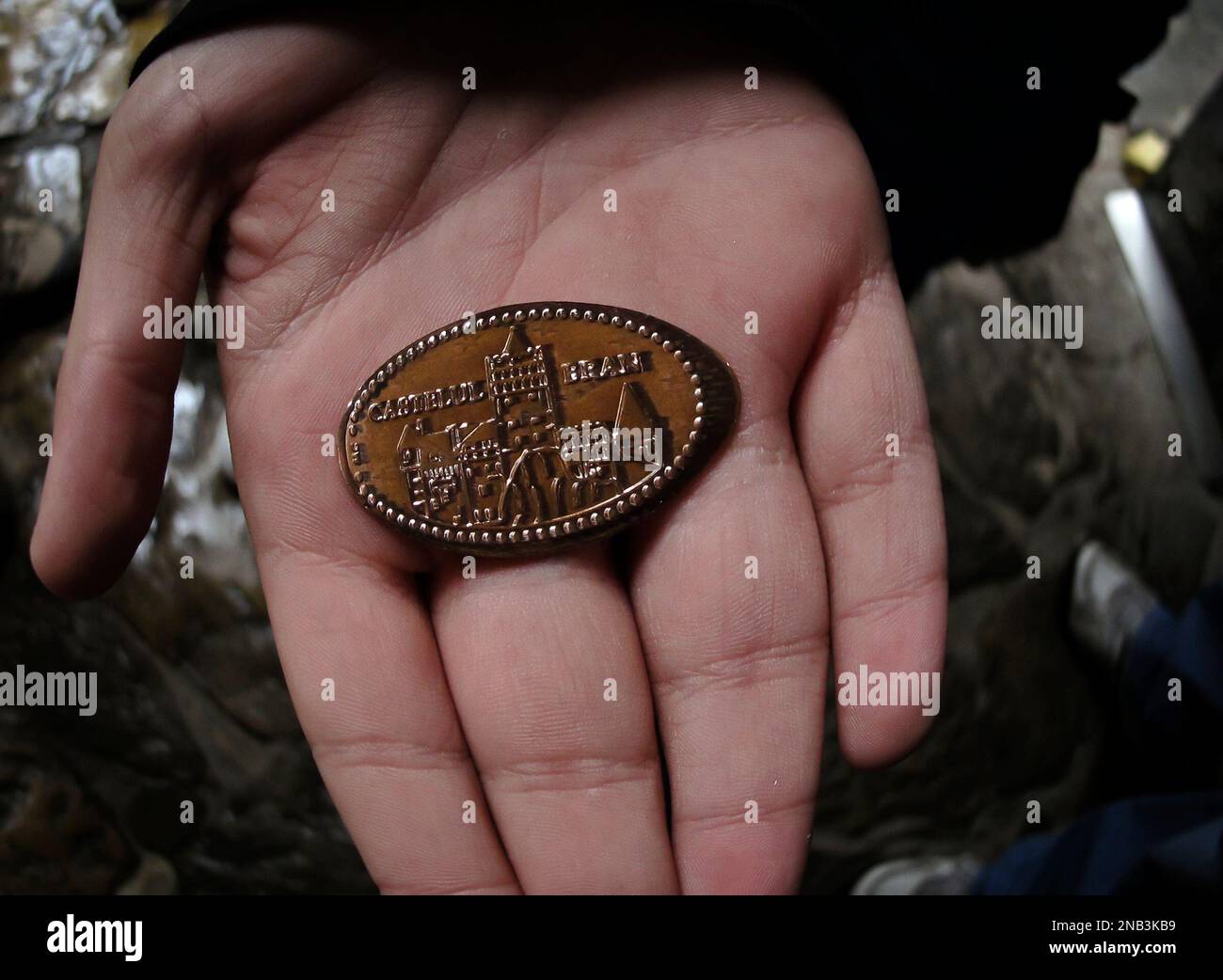 A boy shows a souvenir coin depicting the Gothic Bran Castle, better ...