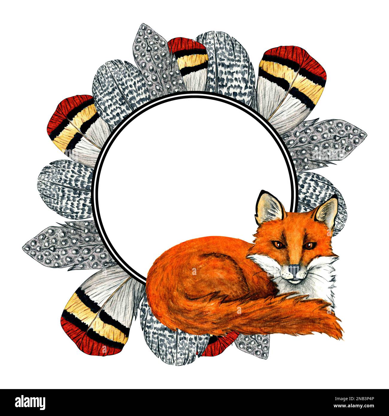 Watercolor frame of feathers fox on white background. Nature ...