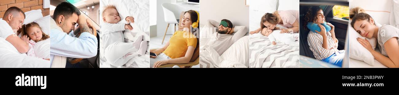 Collage of different tired people Stock Photo - Alamy