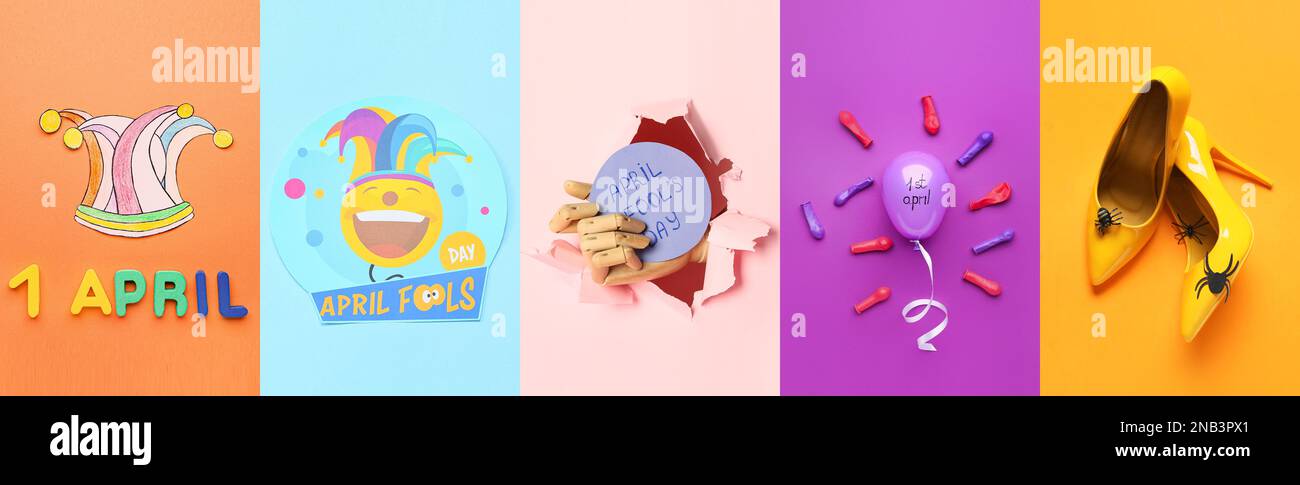 Collage of compositions for April Fool's Day on color background Stock ...