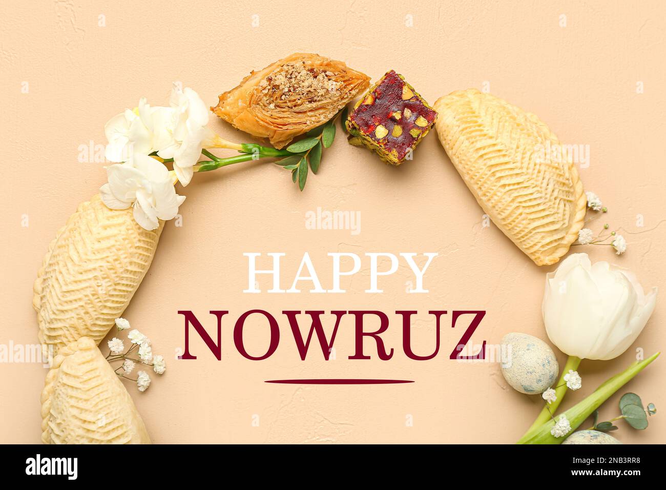 Greeting card for Novruz Bayram with flowers, eggs and sweets Stock ...
