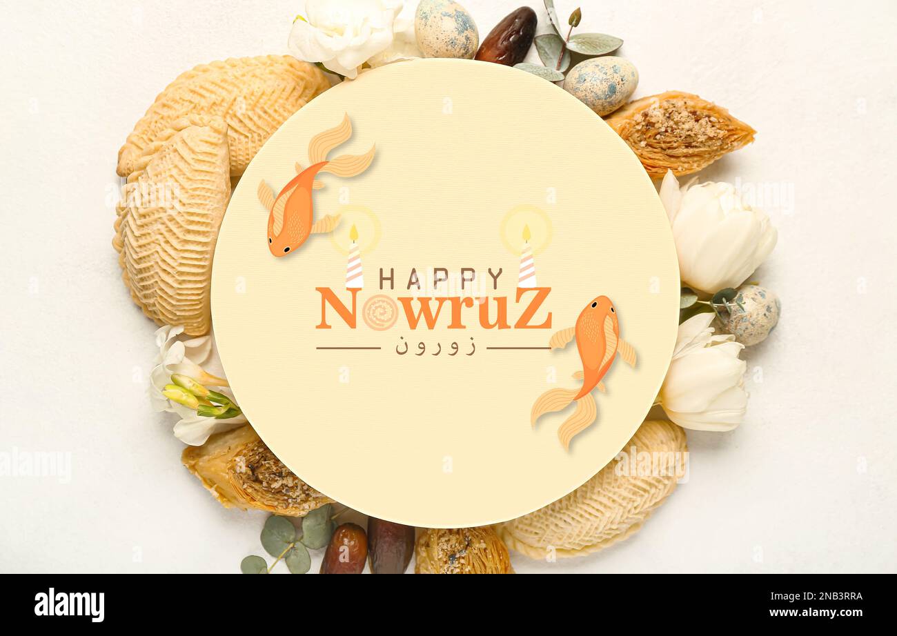 Greeting card for Novruz Bayram with flowers, eggs and sweets on light ...