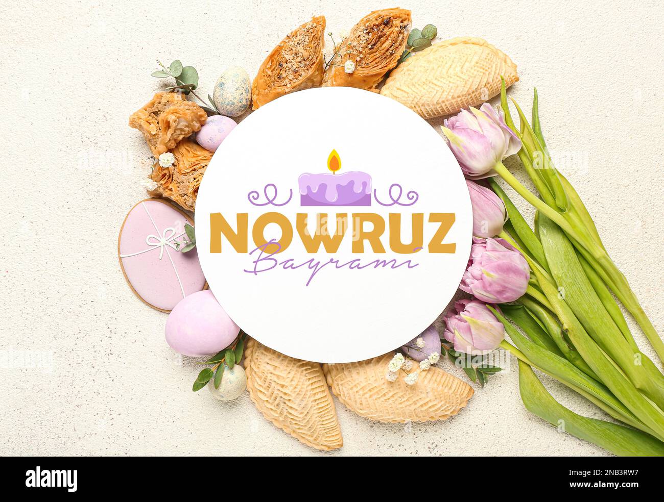 Greeting card for Novruz Bayram with flowers, eggs and sweets on light ...