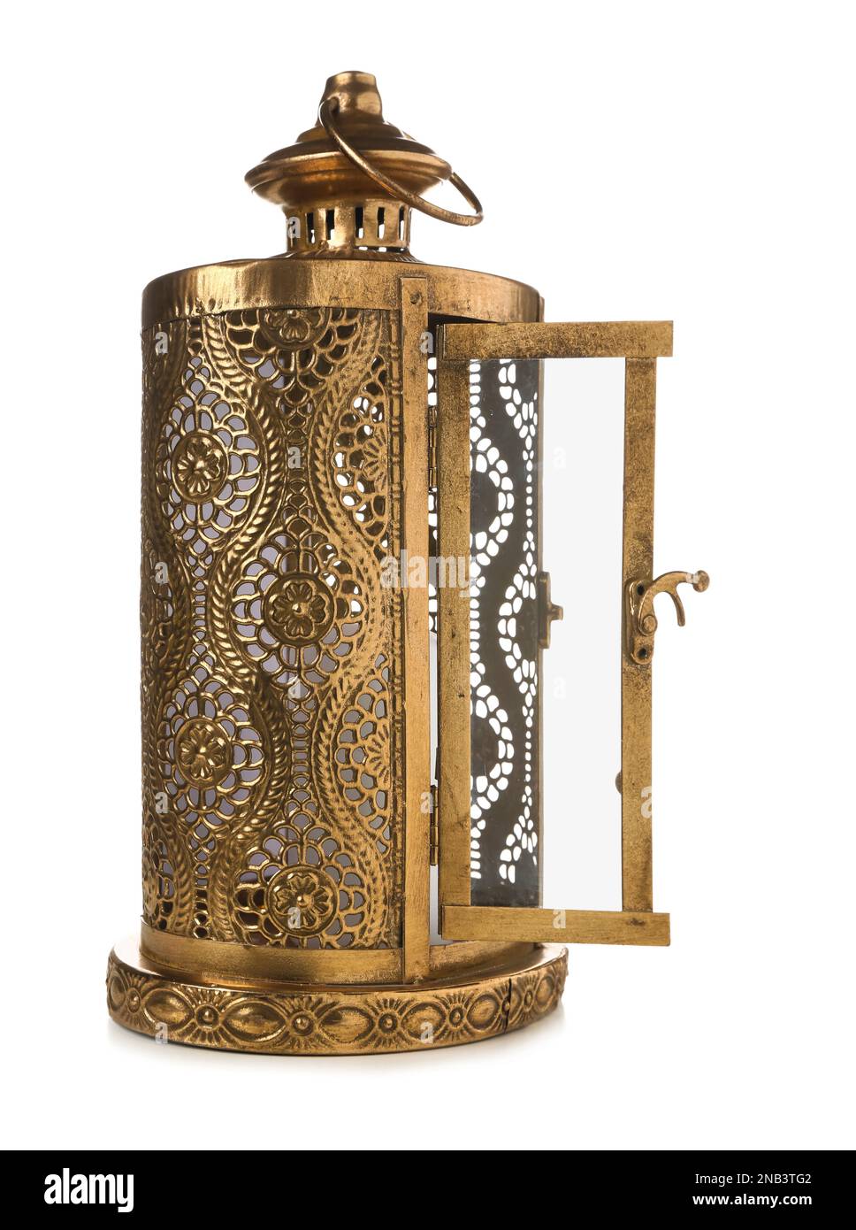 Muslim lantern with candle for Ramadan on white background Stock Photo ...