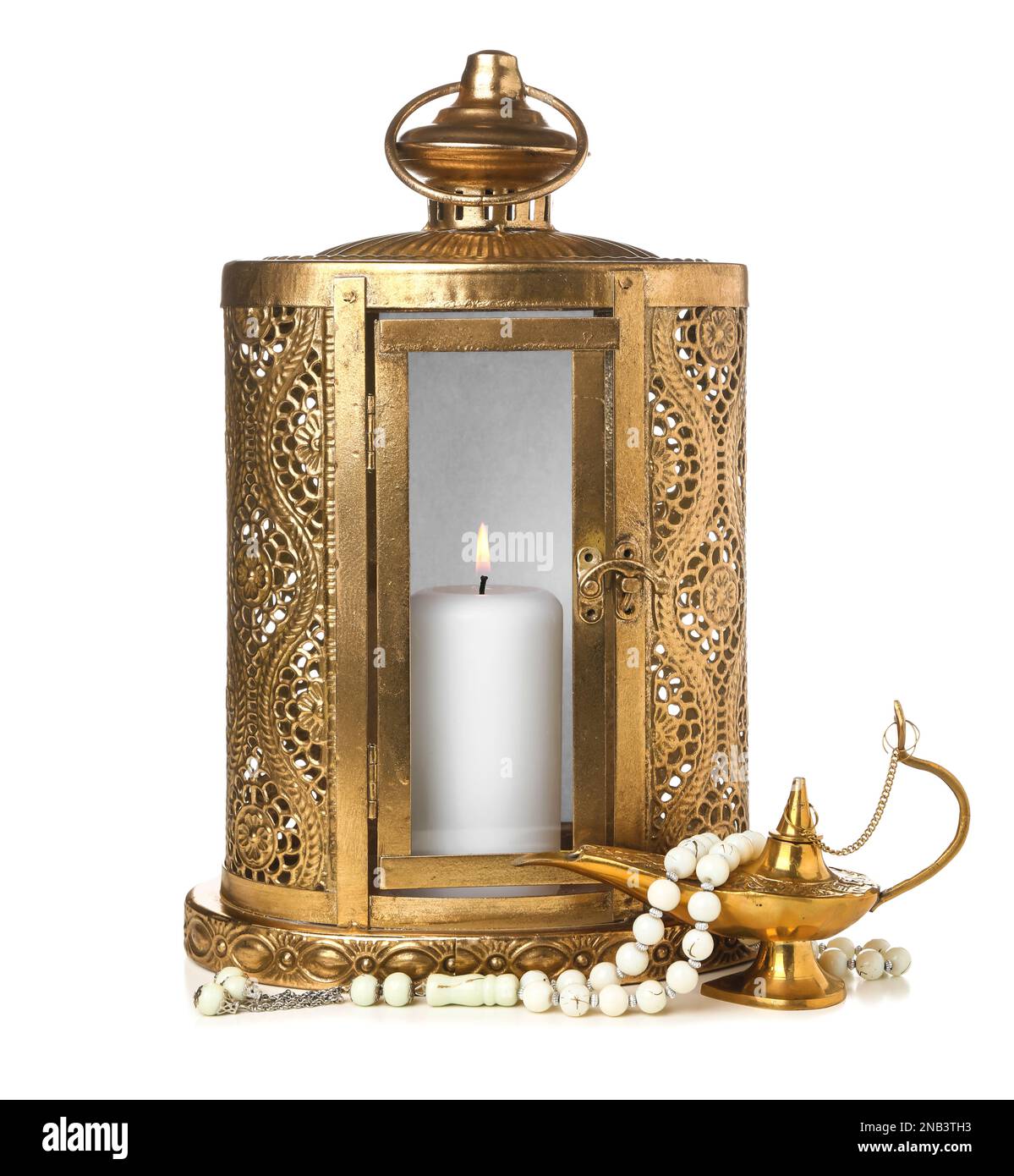 Muslim lantern with burning candle, lamp and prayer beads for Ramadan ...