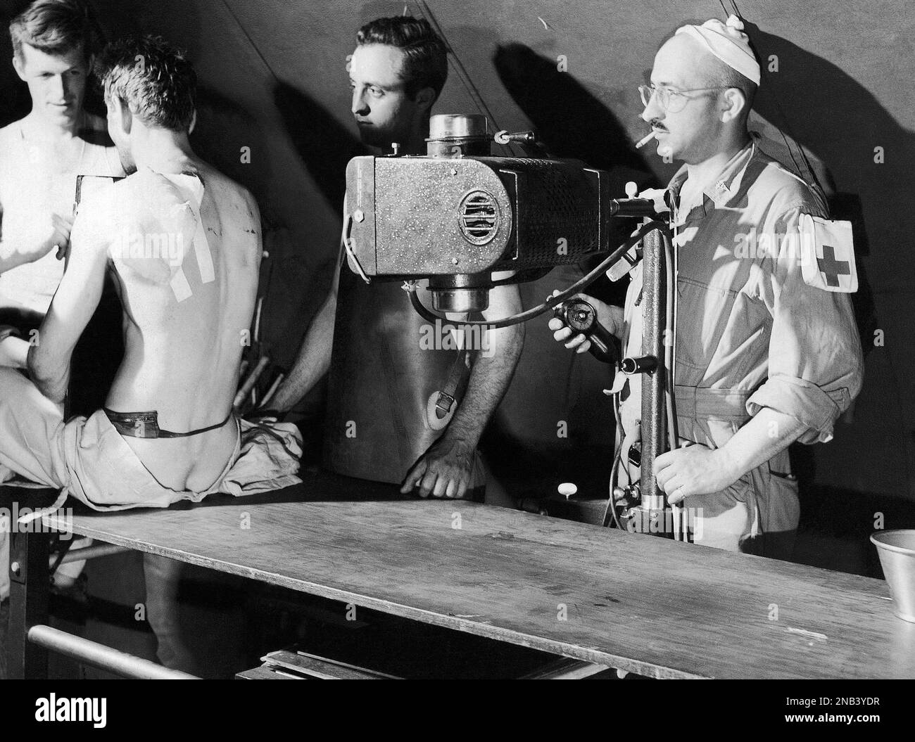 Members of the U.S. Army Medical Corps X-ray an American soldier at an ...