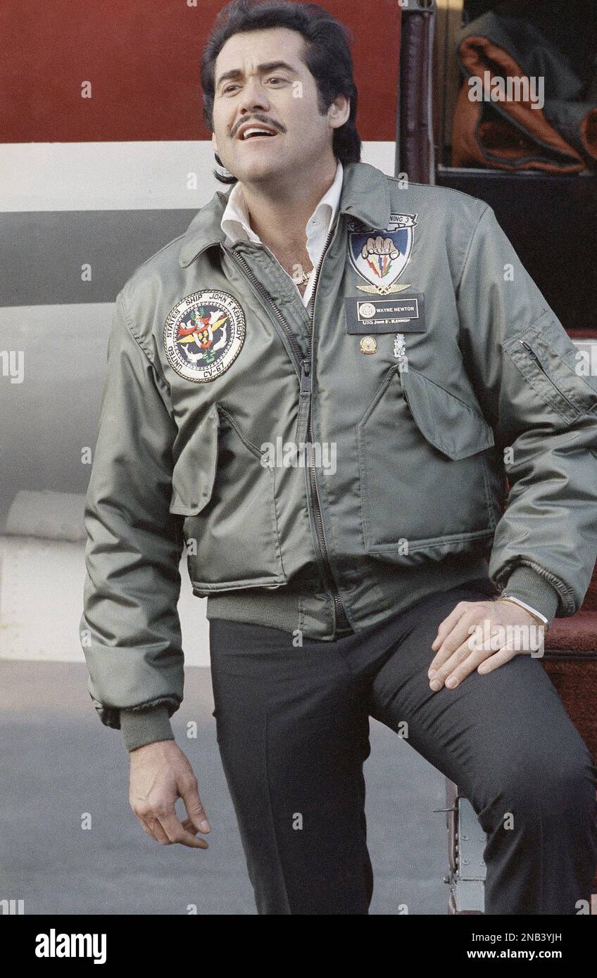 Singer Wayne Newton wearing pilot’s jacket on Dec. 20, 1983. Location ...