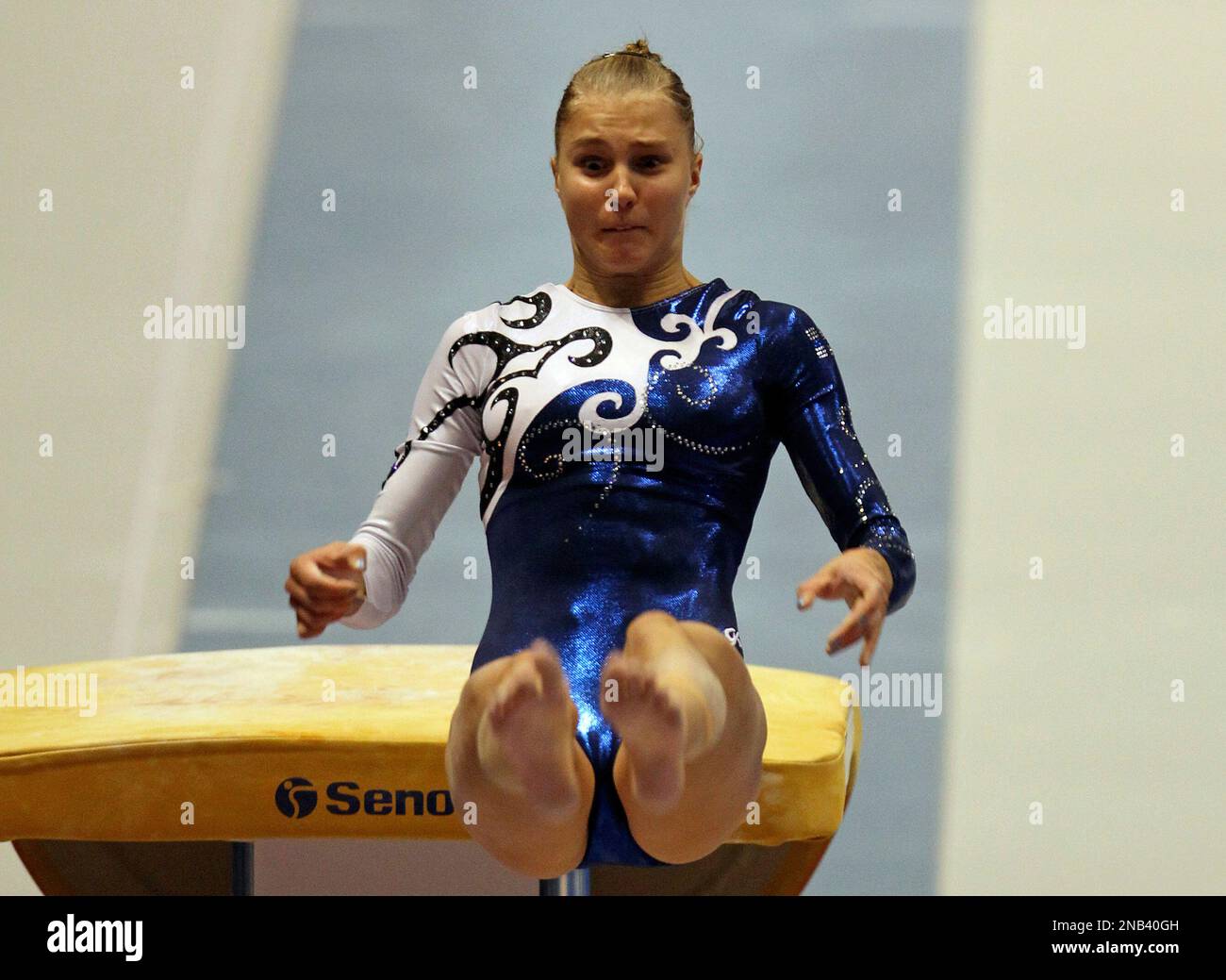 Finland's Rosanna Ojala performs on the vaulting table during the women ...