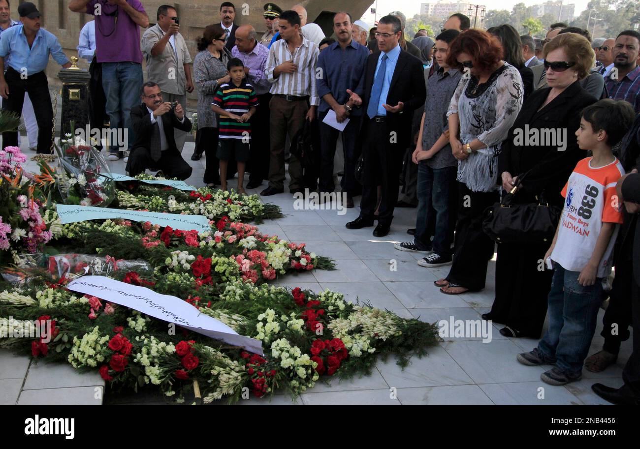 Jehan Sadat, at right dressed in black, widow of assassinated Egyptian ...