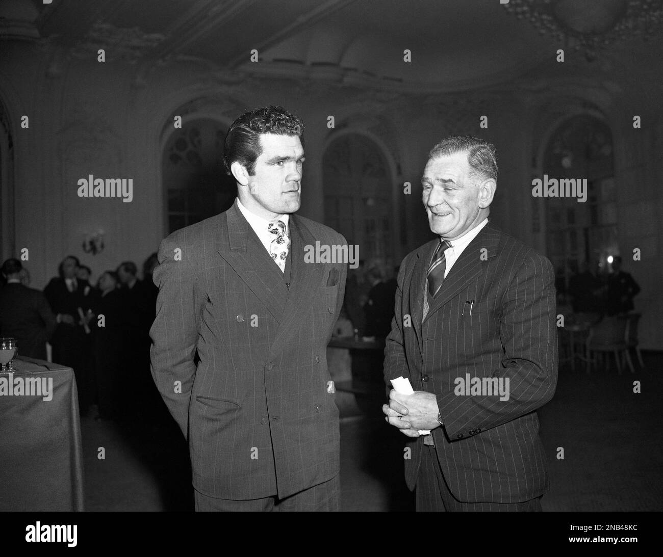 Britain’s boxer, Freddie Mills, left, and boxing promoter Ted Broadribb ...