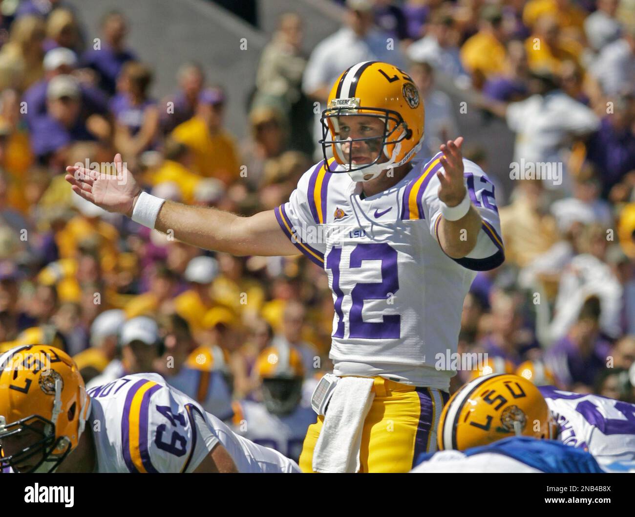 LSU quarterback Jarrett Lee (12) encourages the crowd against Kentucky ...