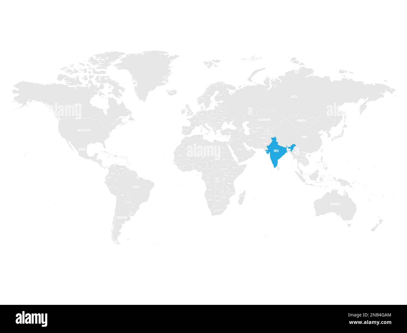 India marked by blue in grey World political map. Vector illustration ...