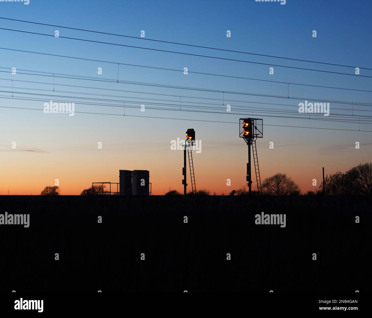 4 and 3 aspect colour light railway signals at Newton On Ouse, North of ...