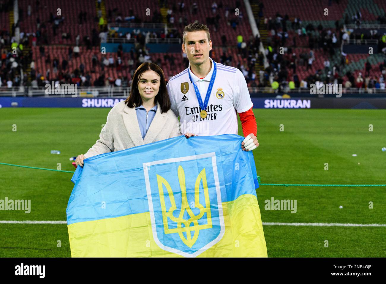 Rabat, Morocco - February 11: Goalkeeper Andriy Lunin of Real Madrid (R) and wife Anastasia ...