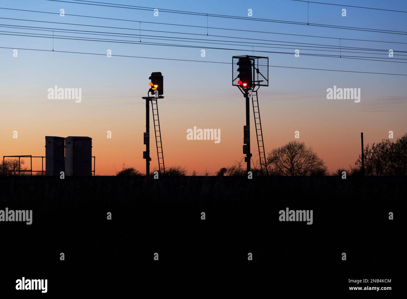 4 and 3 aspect colour light railway signals at Newton On Ouse, North of ...