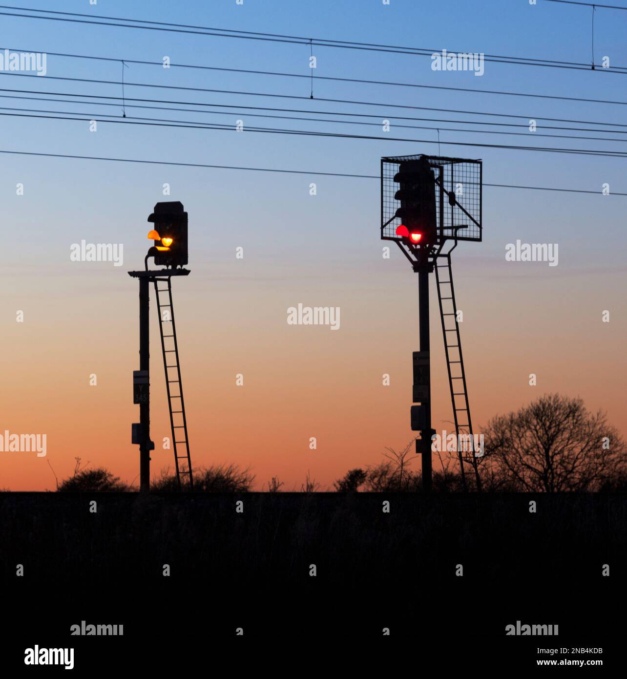 4 and 3 aspect colour light railway signals at Newton On Ouse, North of ...