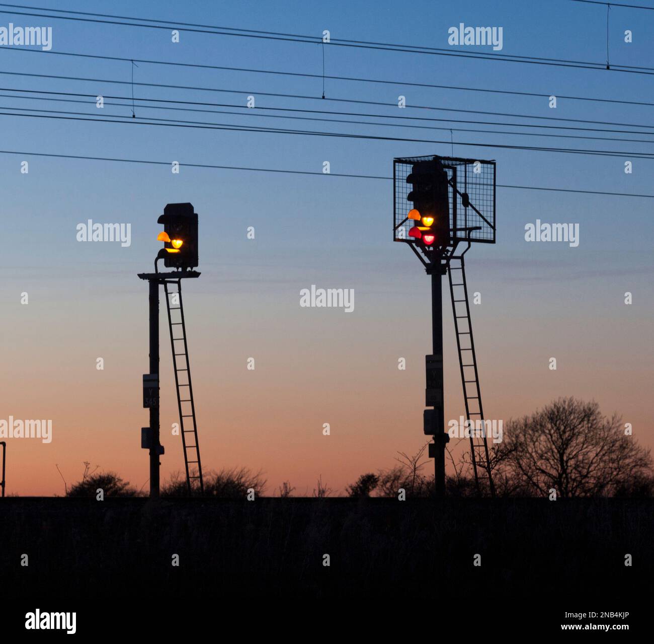 4 and 3 aspect colour light railway signals at Newton On Ouse, North of ... 4 and 3 aspect colour light railway signals at Newton On Ouse, North of ...