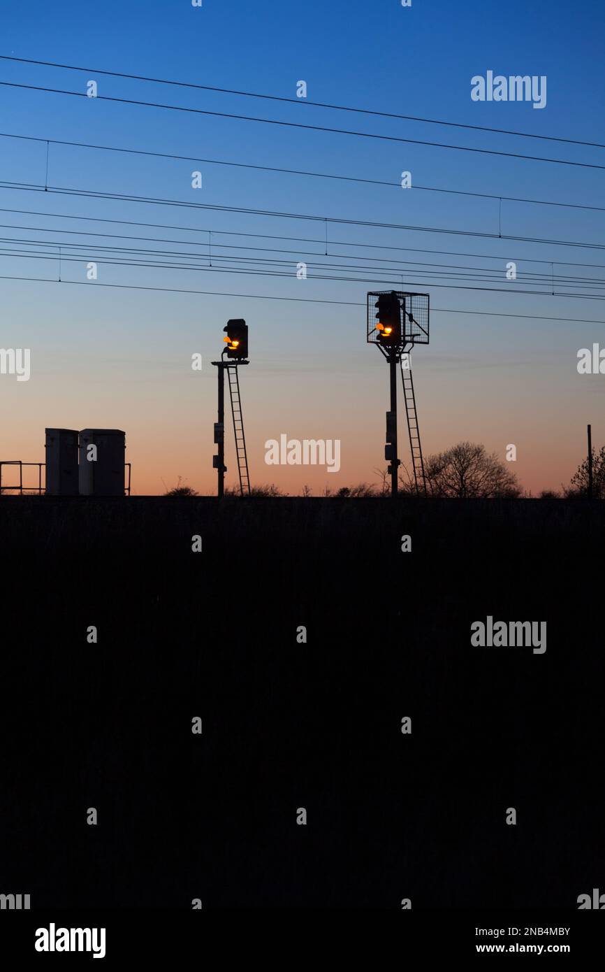 4 and 3 aspect colour light railway signals at Newton On Ouse, North of ...