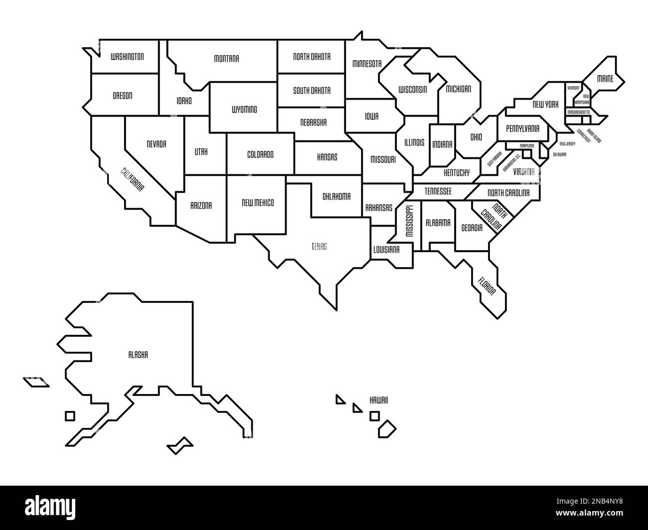 Black outline simplified map of USA, United States of America. Retro ...