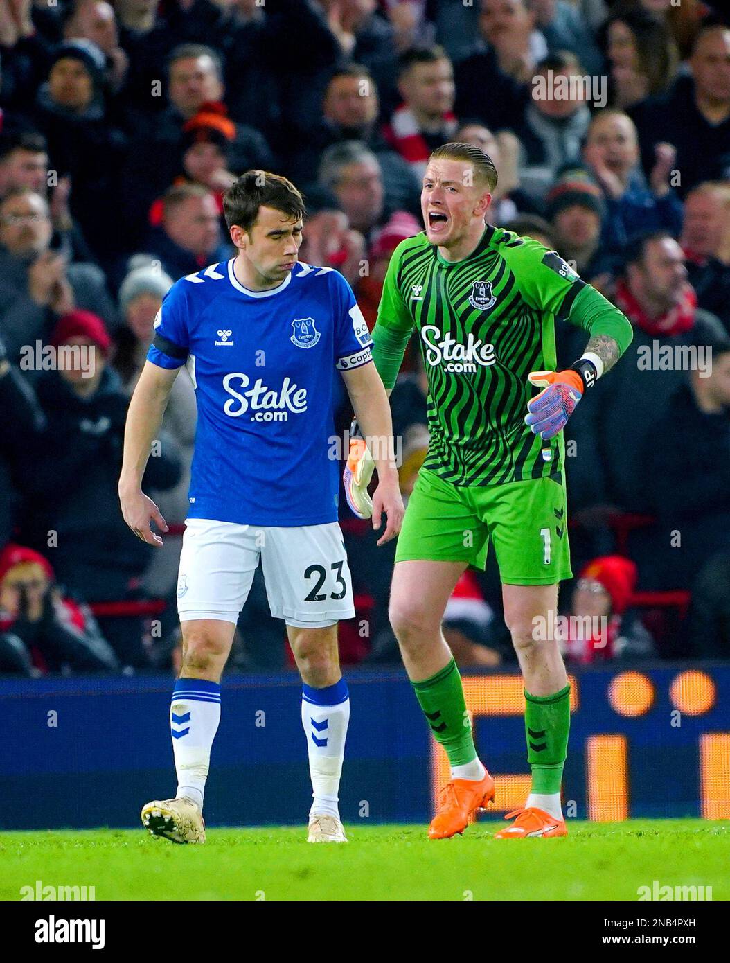 Everton goalkeeper Jordan Pickford exchanges words with team-mate ...