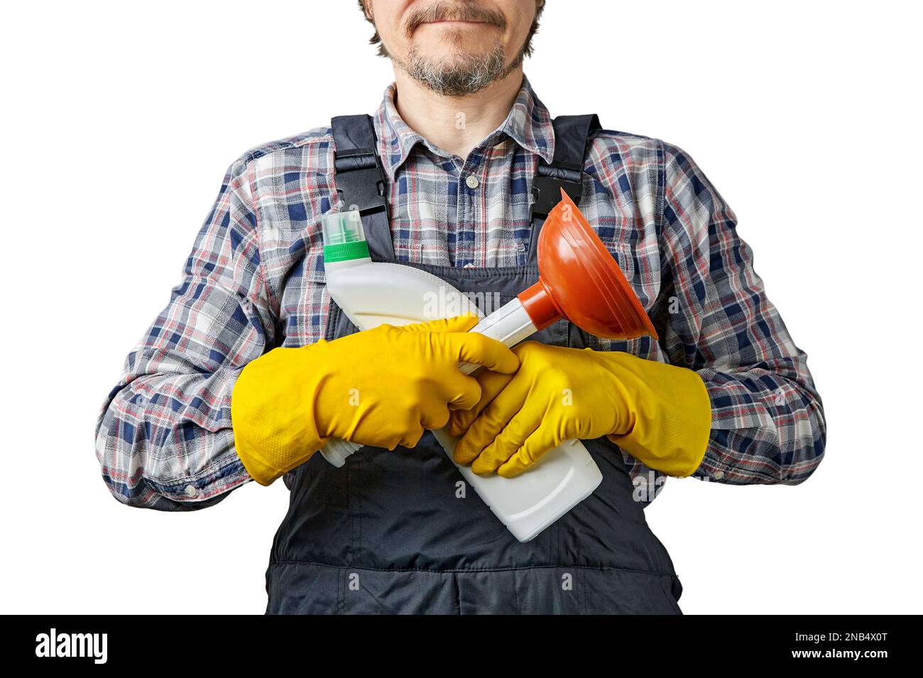 Caucasian man with a mustache and beard in overalls holds a plunger and ...