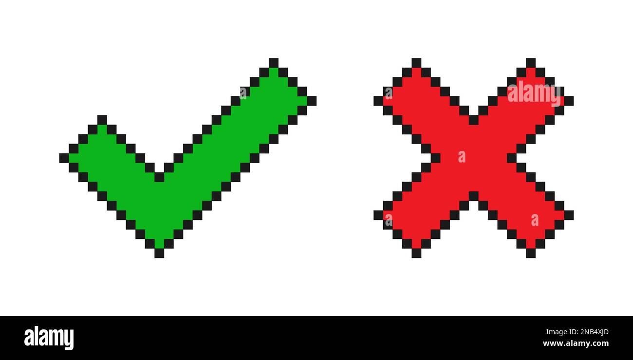 Pixel 8-bit check mark and cross mark. Tick and cross sign vector Stock ...