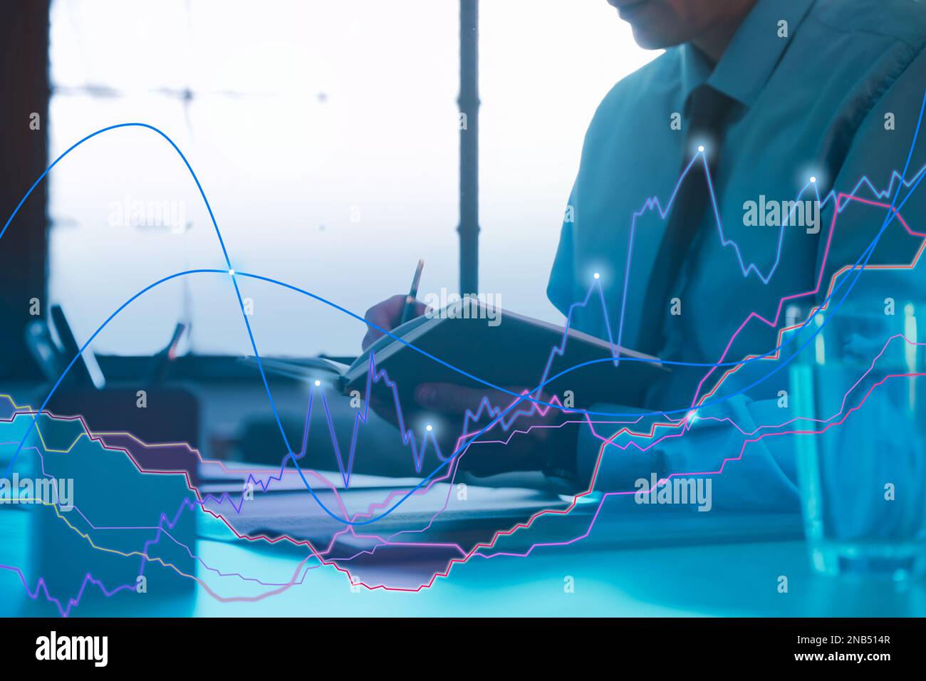 Growth graph illustration and businessman working in office, closeup ...