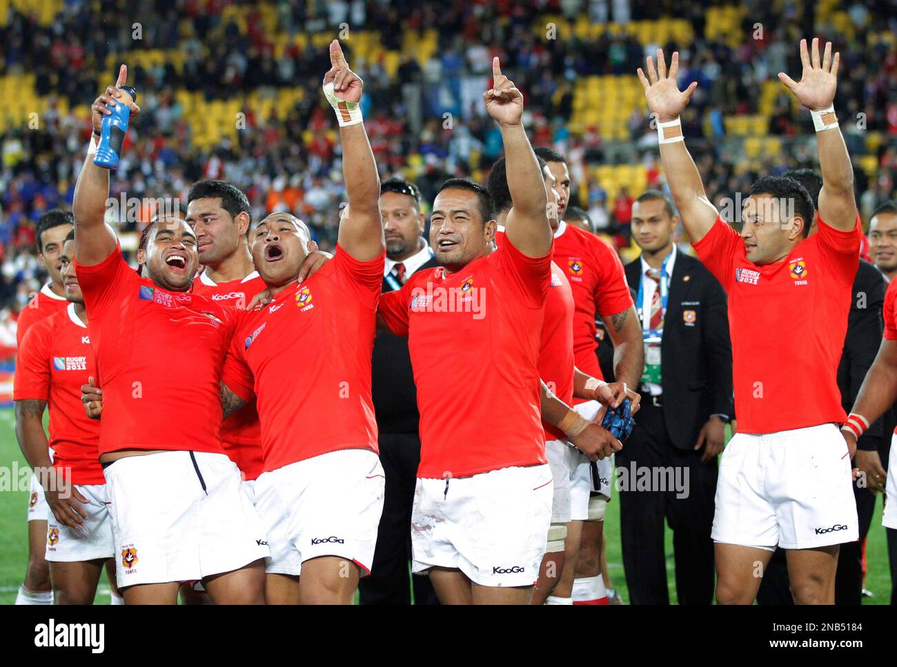 Samoan players celebrate after their Rugby World Cup win over France at ...
