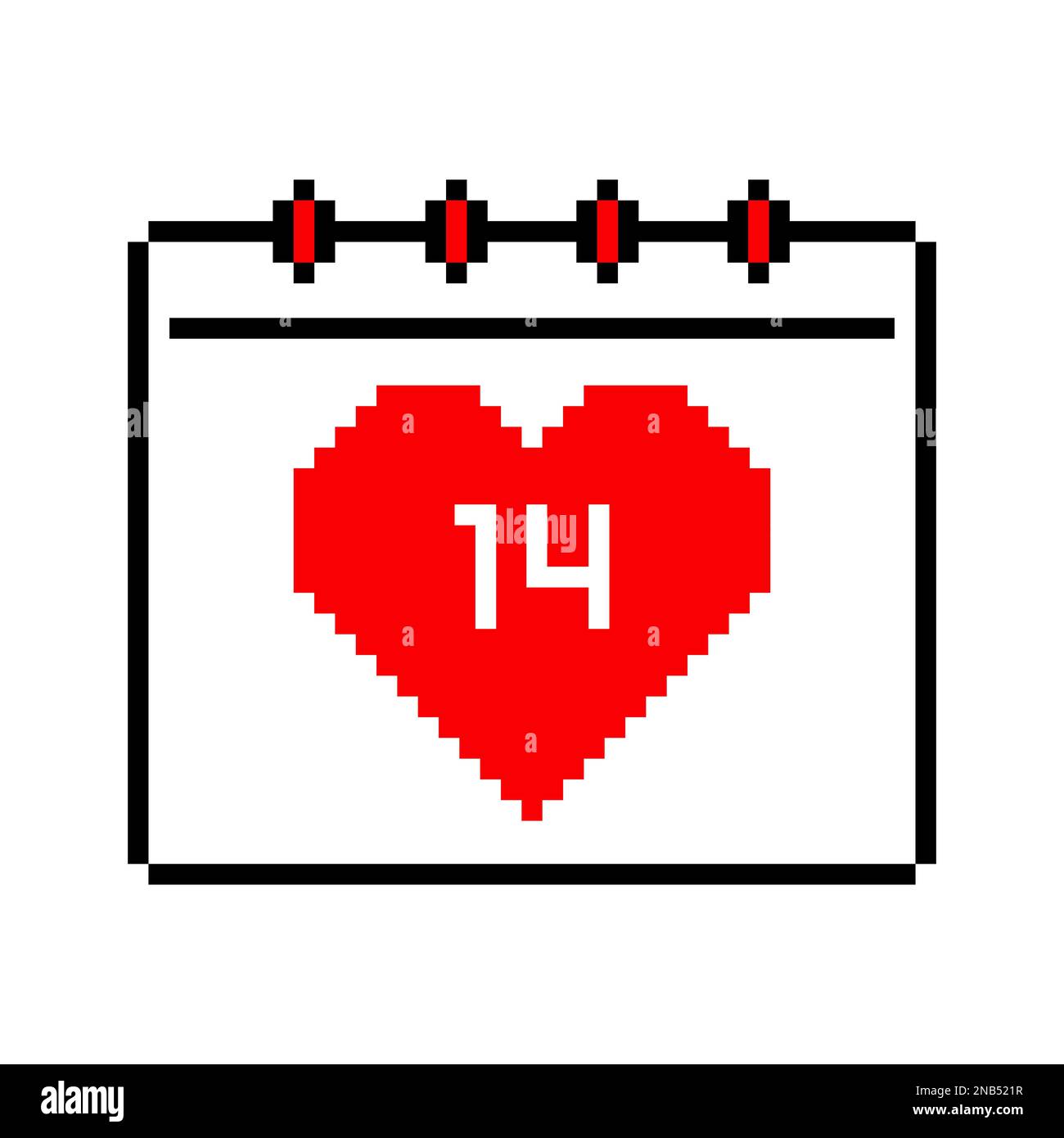 Valentine's day pixel calendar icon vector with heart and number 14 ...