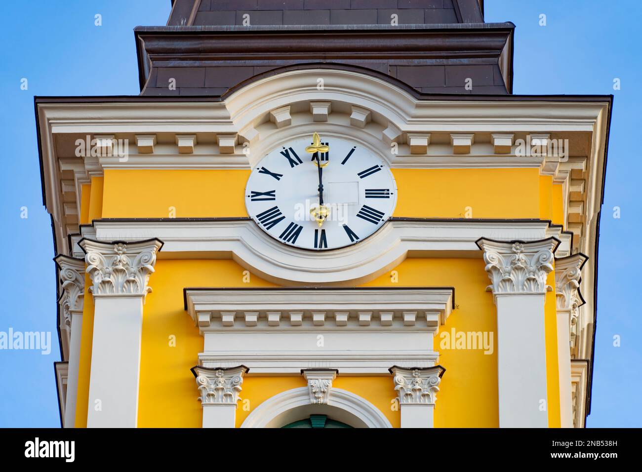 Baroque style yellow church tower with tower clock Stock Photo - Alamy