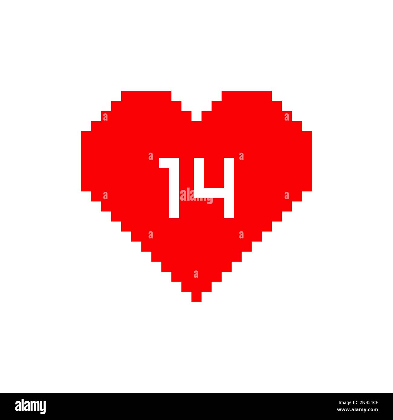 Valentines day pixel heart icon with number 14. Isolated on white ...