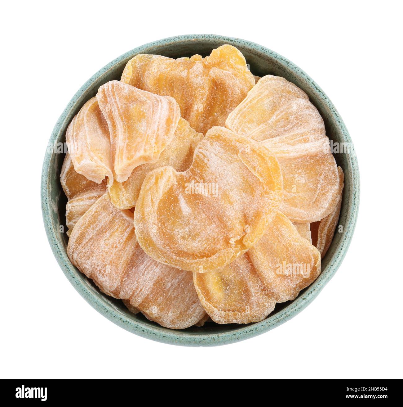Delicious dried jackfruit slices in bowl isolated on white, top view ...