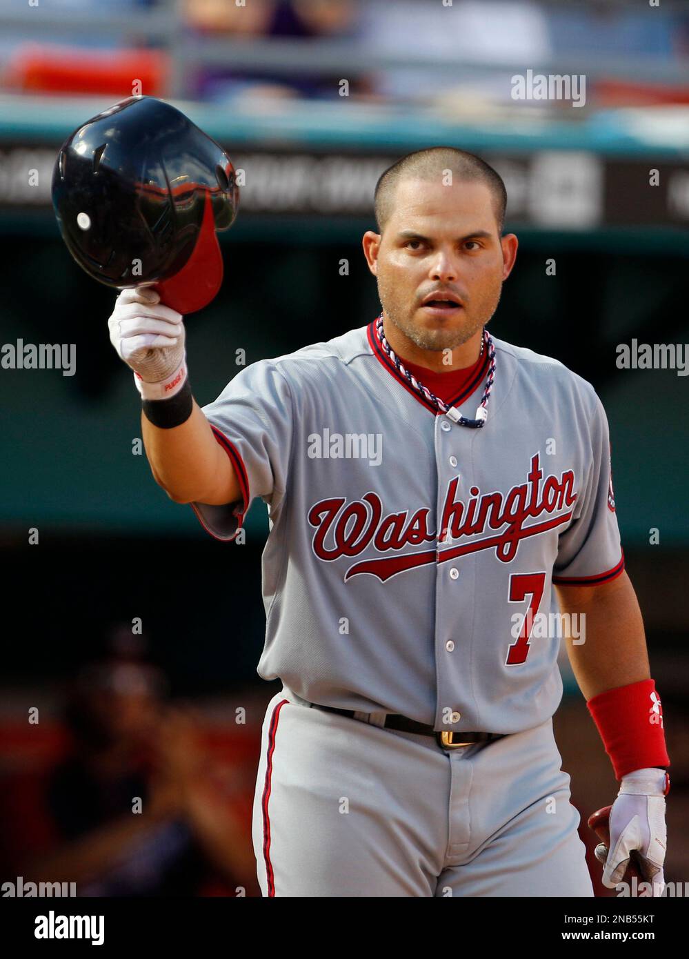 Washington Nationals catcher Ivan Rodriguez (7) acknowledges cheers ...