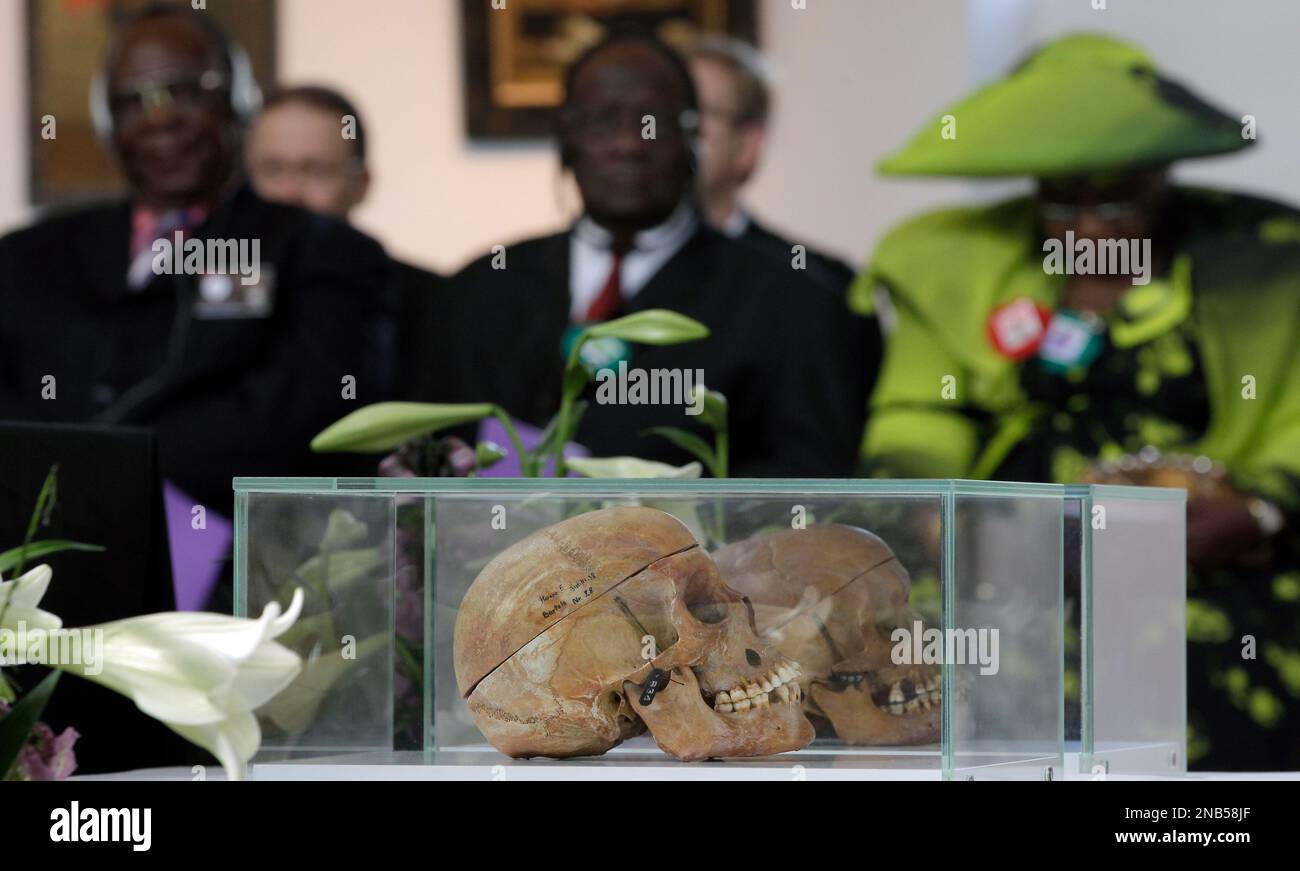 Skulls of Ovaherero and Nama people are displayed during a devotion ...