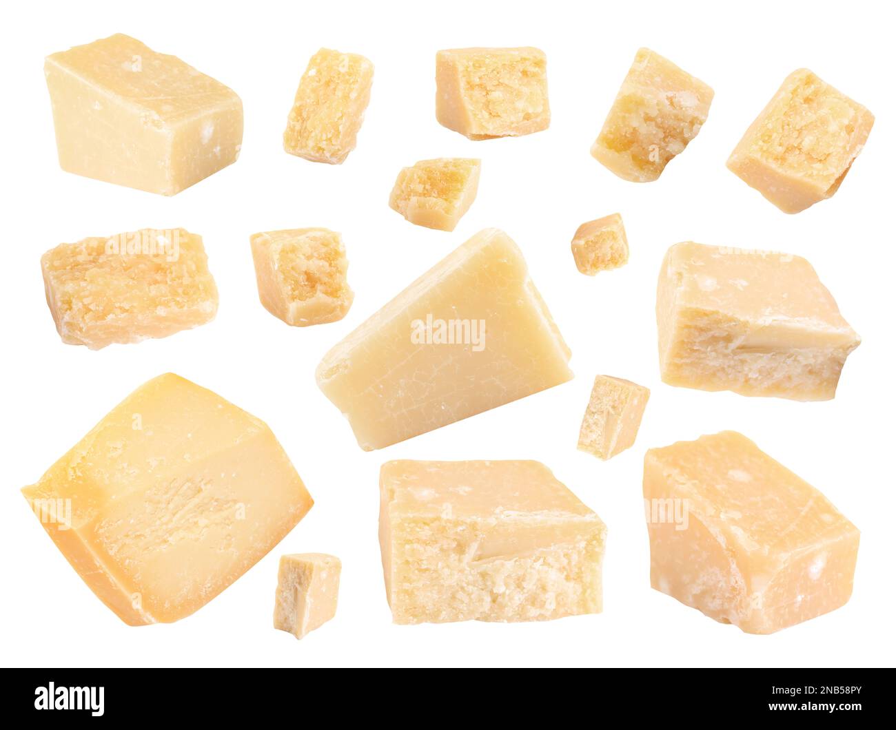 Set with pieces of delicious parmesan cheese on white background Stock ...