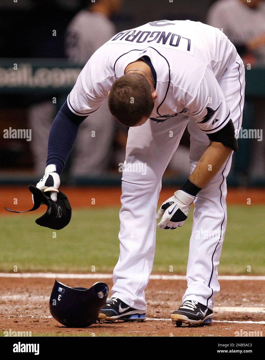 Tampa Bay Rays' Evan Longoria drops his equipment after striking out ...