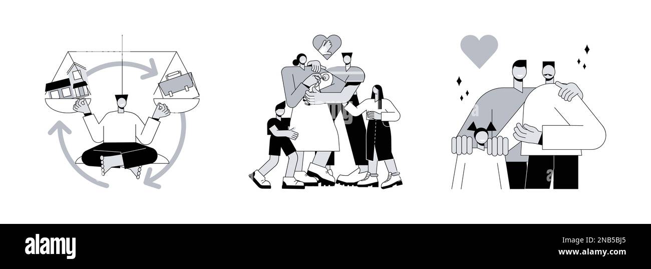 Happy family abstract concept vector illustration set. Balancing work ...