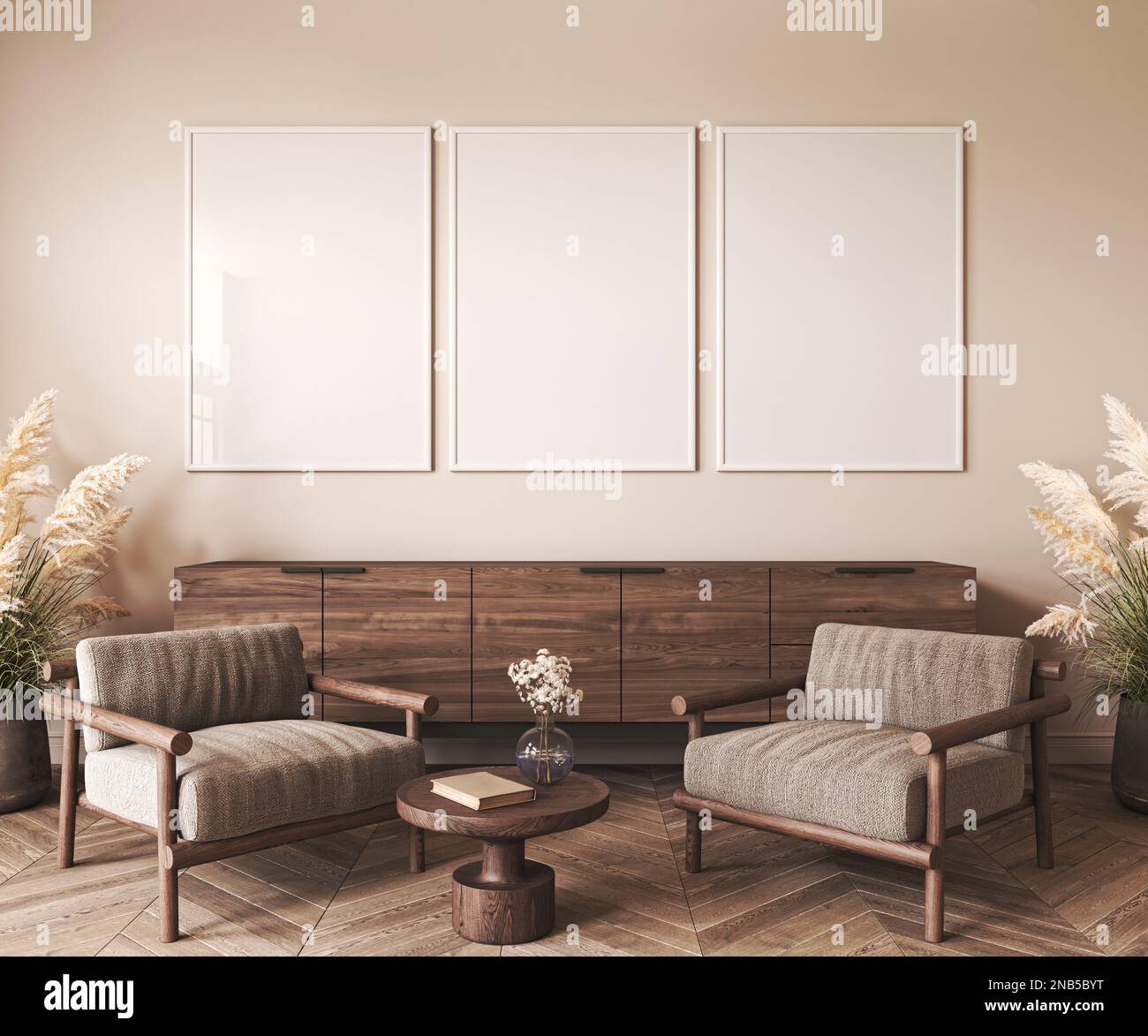 Modern nature interior design house living room. Beige frame wall mock ...