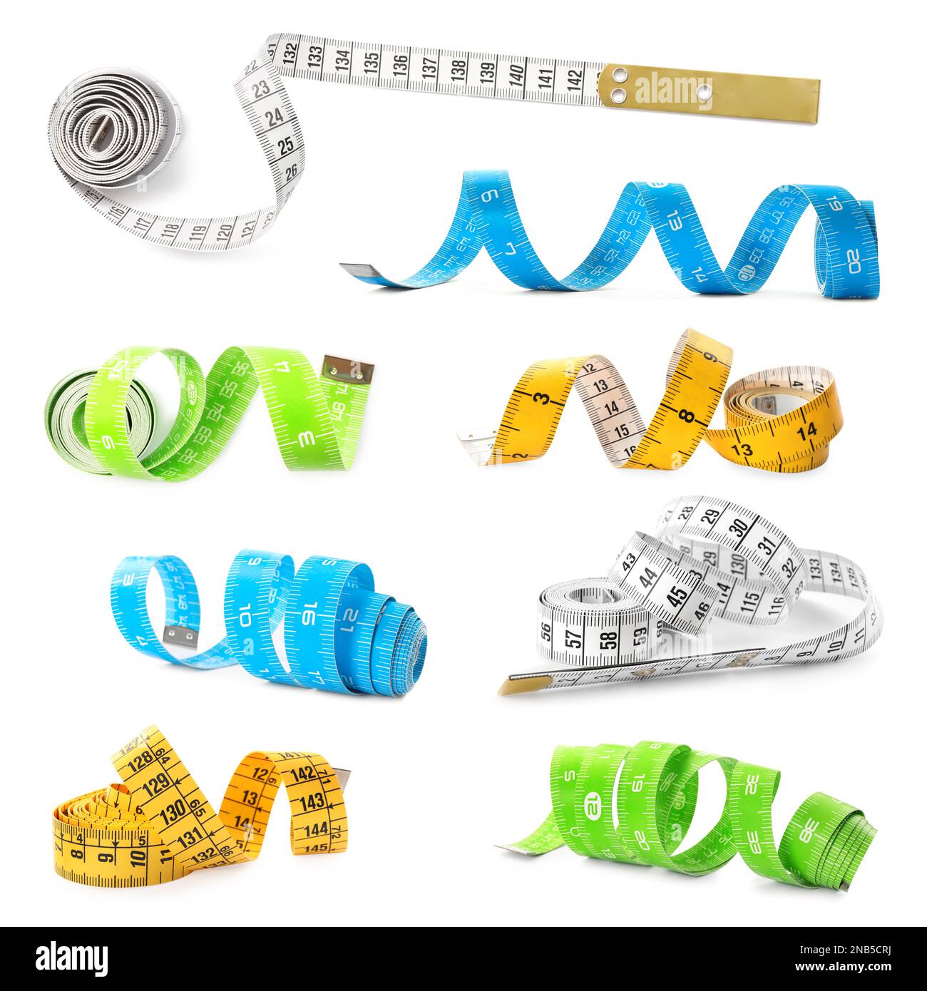 Set with different measuring tapes on white background Stock Photo - Alamy