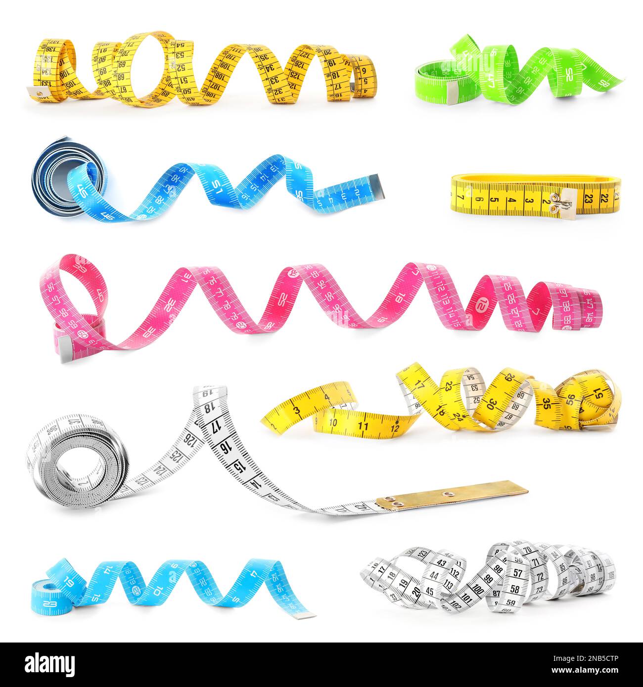 Set with different measuring tapes on white background Stock Photo - Alamy