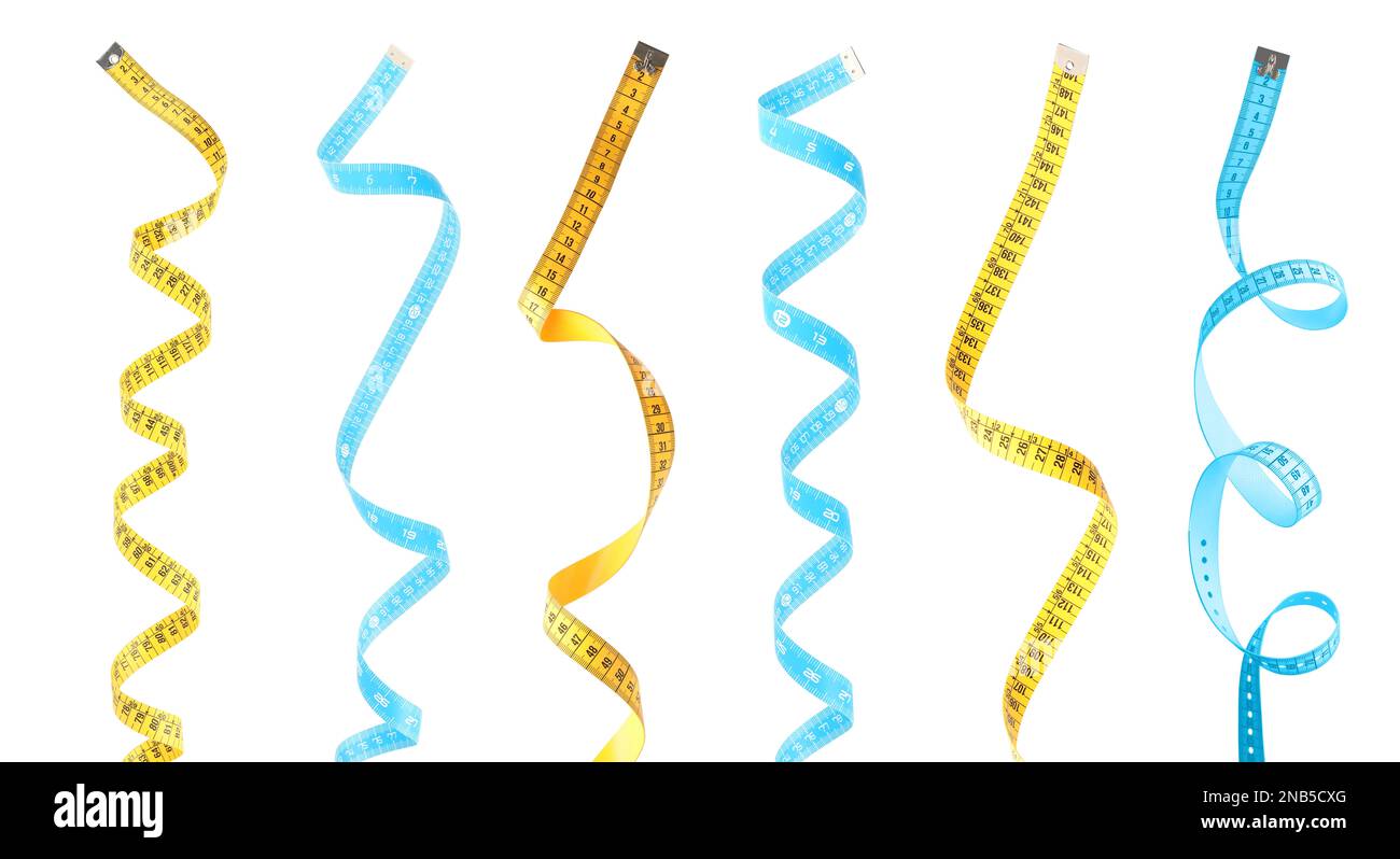 Set with different measuring tapes on white background Stock Photo - Alamy