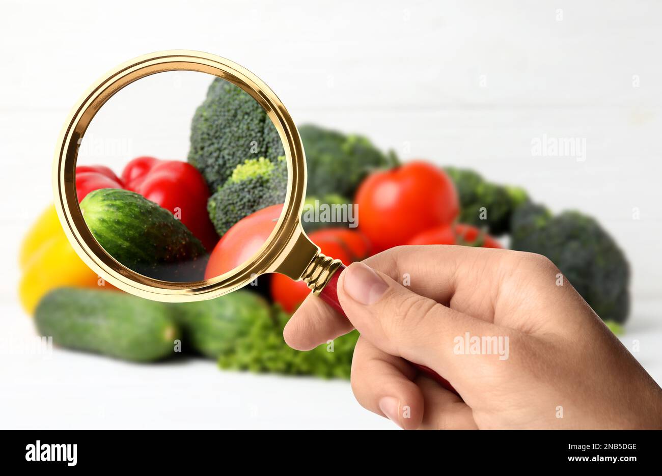Woman with magnifying glass exploring vegetables, closeup. Poison ...