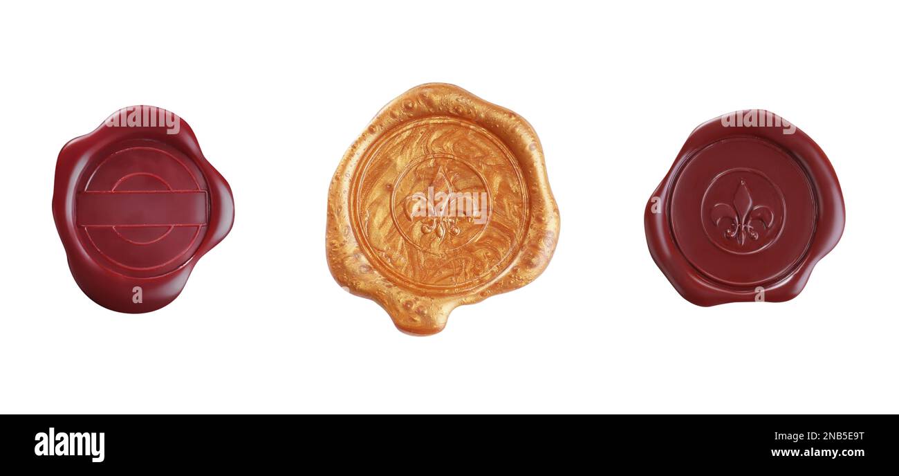 Set with different wax seals on white background, top view. Banner ...