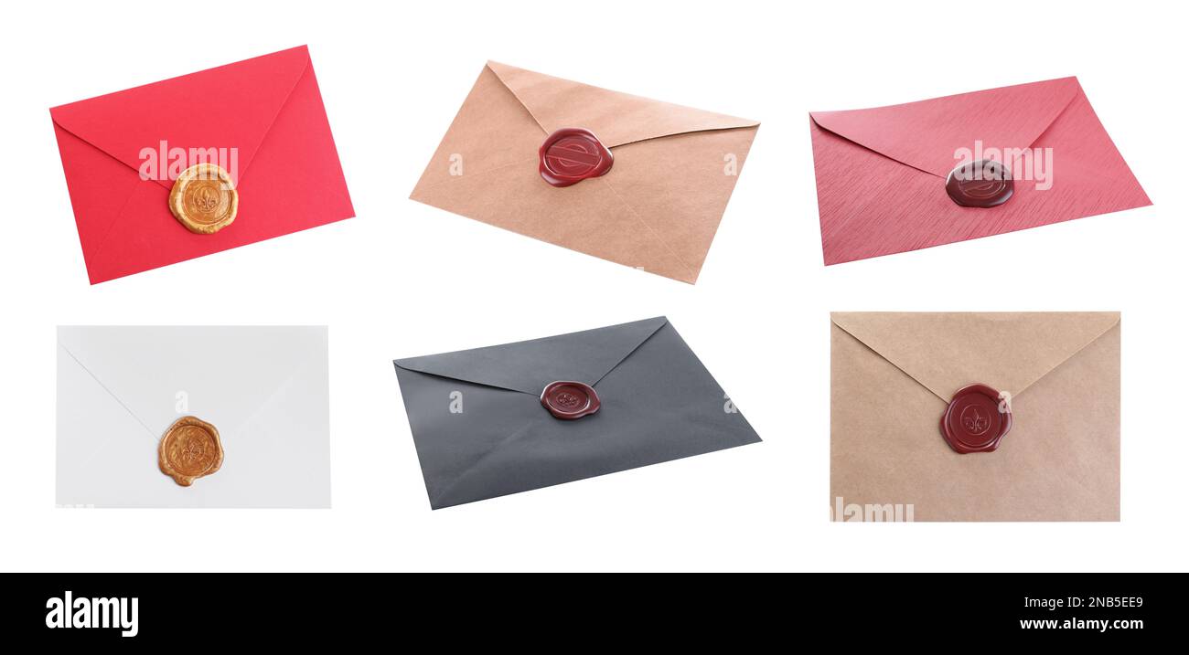 Different envelopes with wax seals on white background, collage. Banner ...