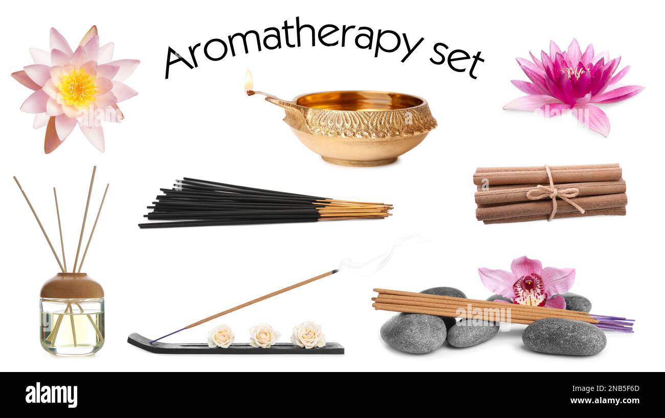 Incense sticks and other items for aromatherapy on white background ...