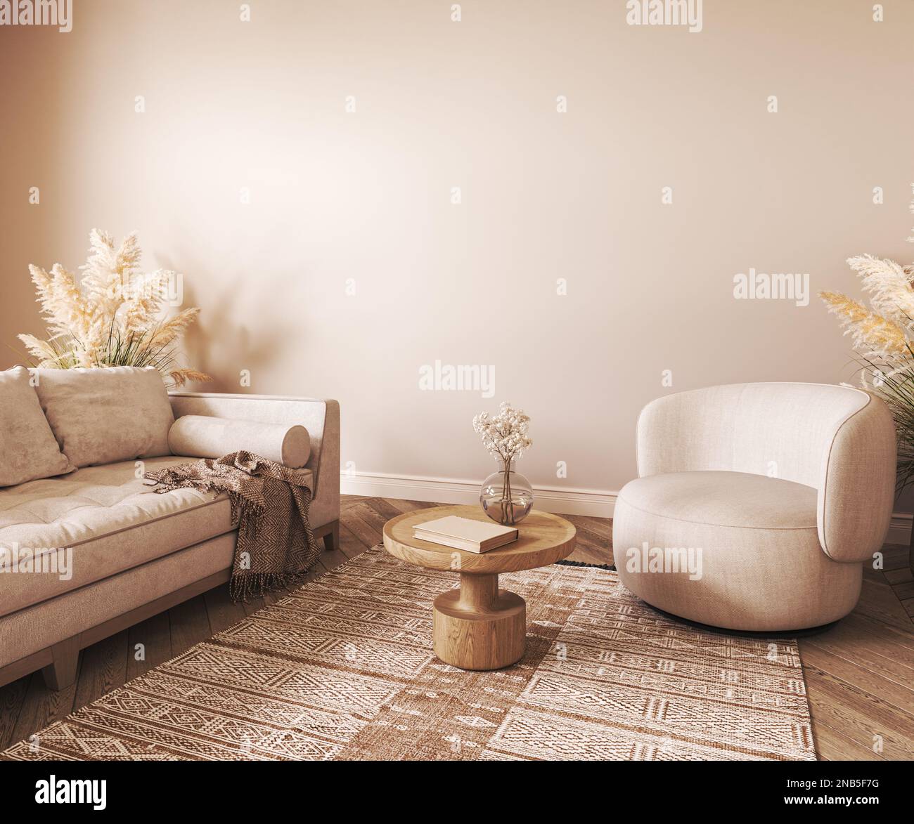 Beige color interior design with white sofa,wooden boho table and ...