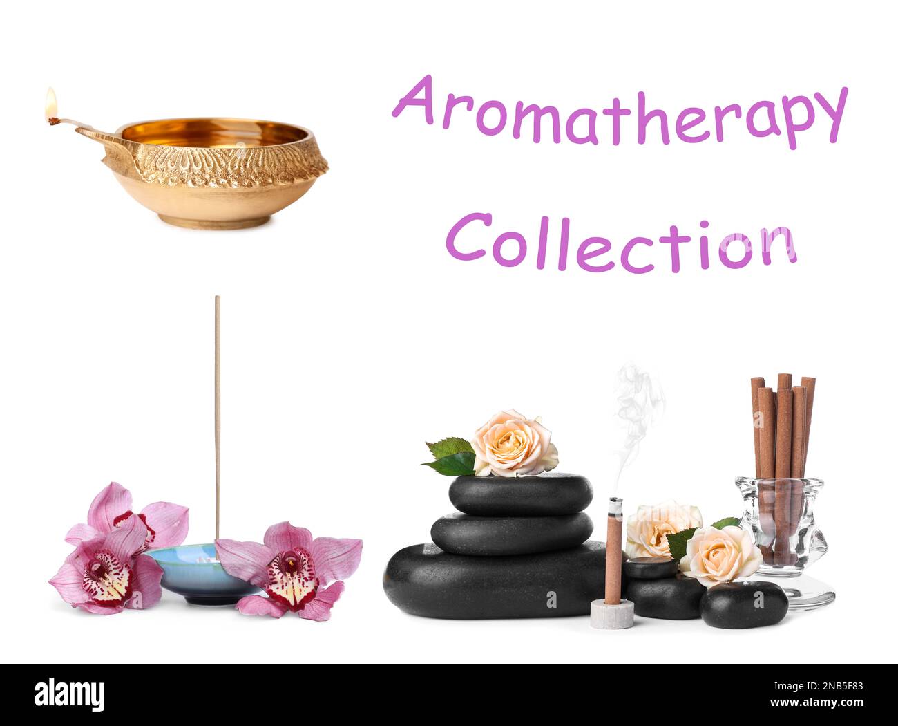 Incense sticks and other items for aromatherapy on white background ...