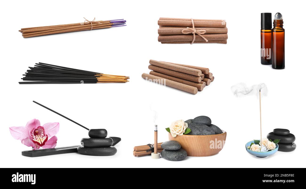 Incense sticks and other items for aromatherapy on white background ...