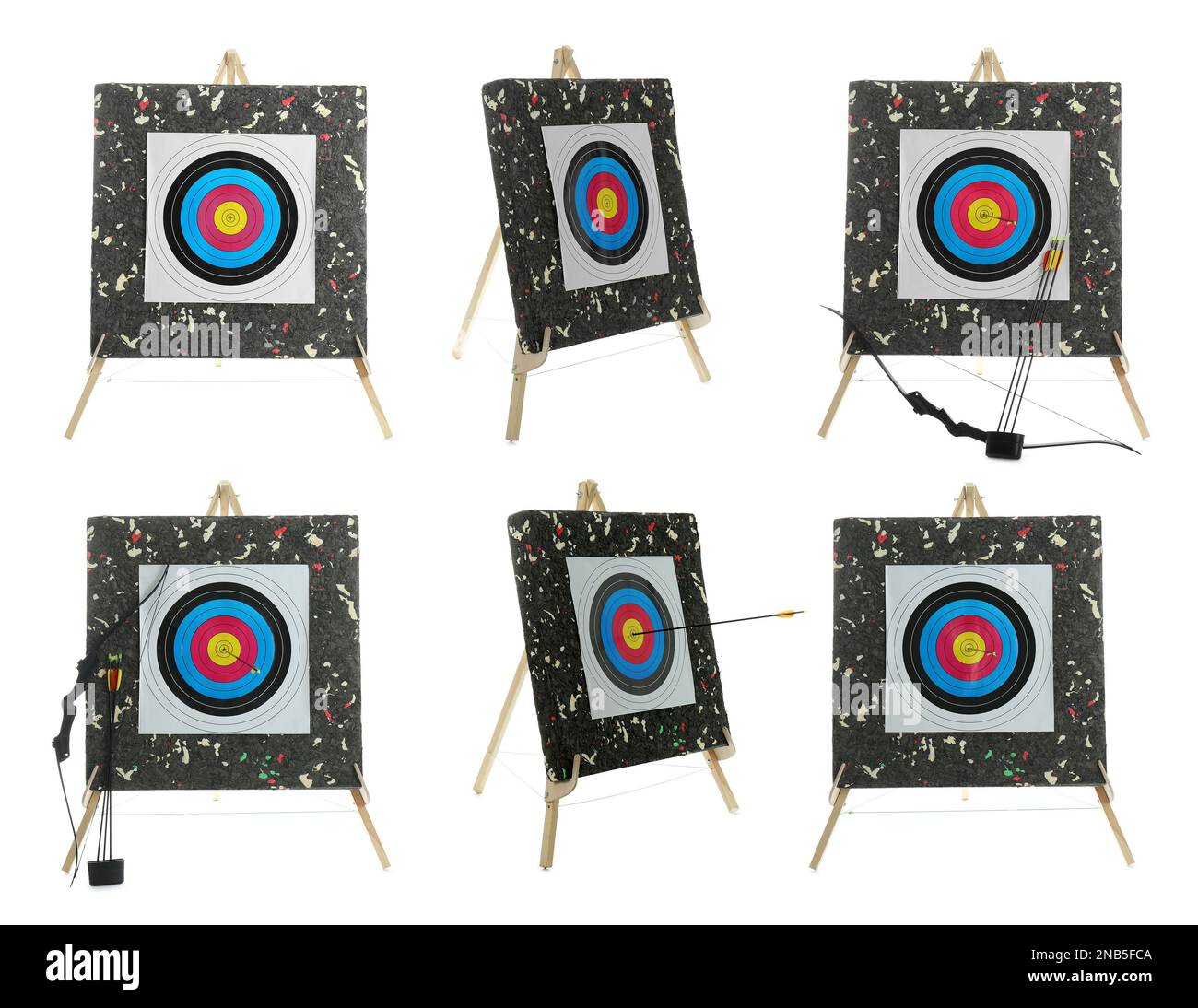 Set with bows, arrows and archery targets on white background Stock ...
